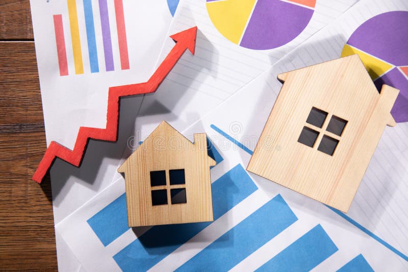 House Model and Red Arrow Graph Stock Photo - Image of investment ...