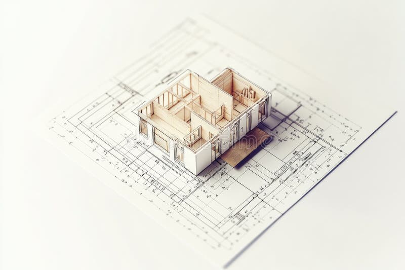 House Model Resting on Blueprint Architectural Drawings for Home Design ...