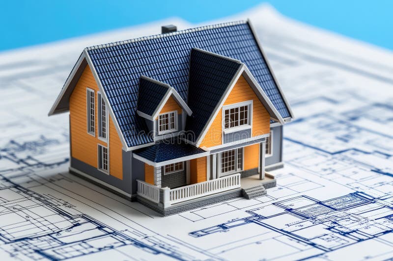 House Model Standing on Architectural Plans during Planning Process ...