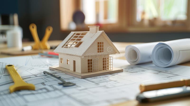 A House Model Surrounded by Blueprints and Construction Tools ...