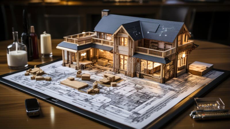House Model on the Table with Architectural Drawings. Real Estate ...