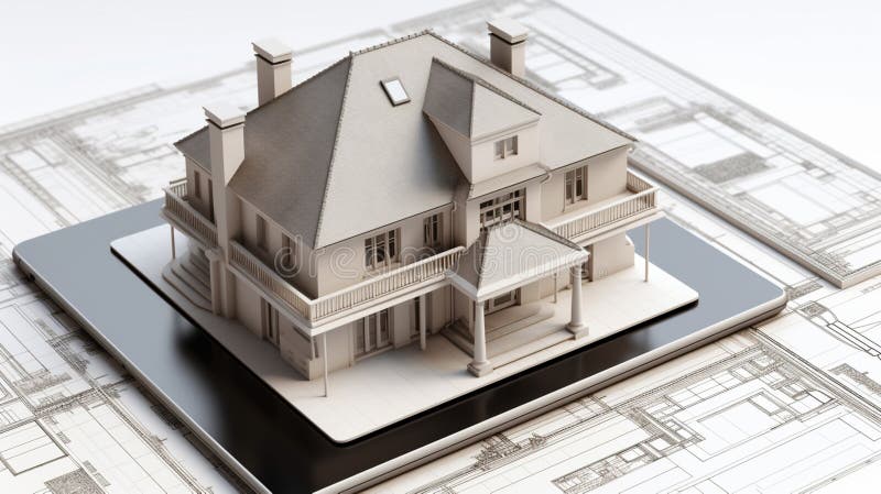 House Model on a Tablet Computer Over Architectural Plans. 3D ...
