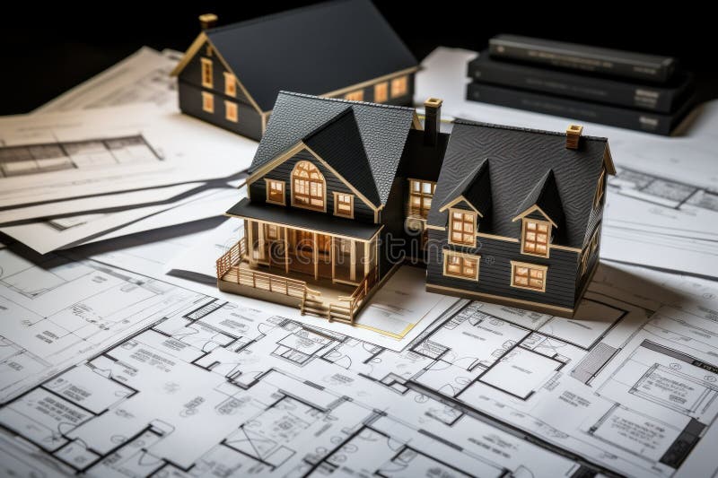 House Models Sit on Top of Several Different Architects Drawings and ...