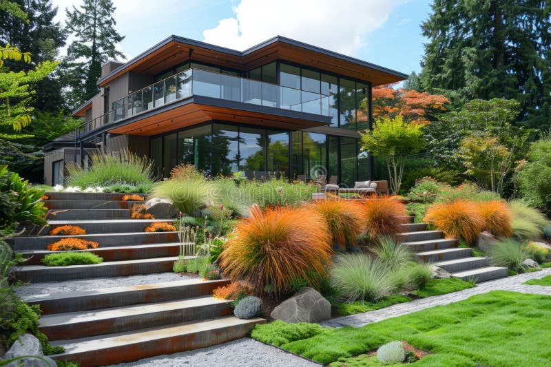 House with Modern Landscape Design Stock Photo - Image of flower ...