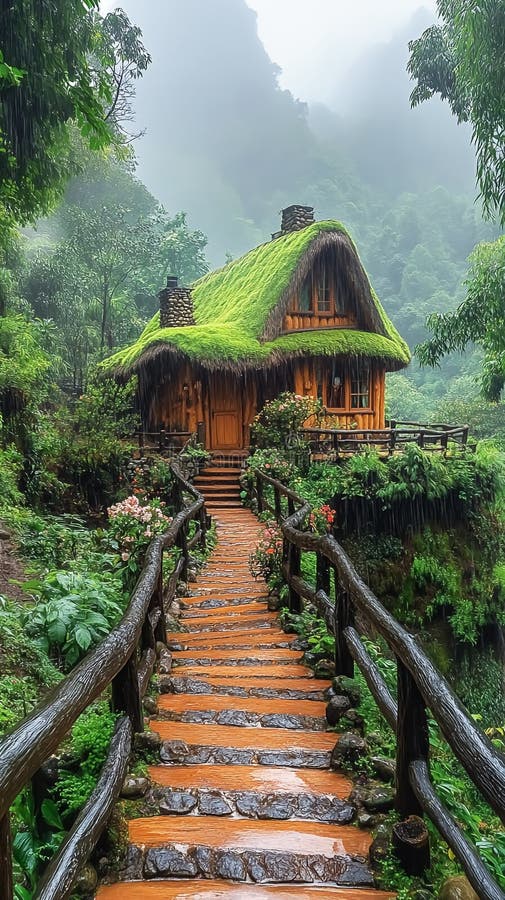 A House with a Moss-covered Roof in a Bamboo Forest Stock Illustration ...