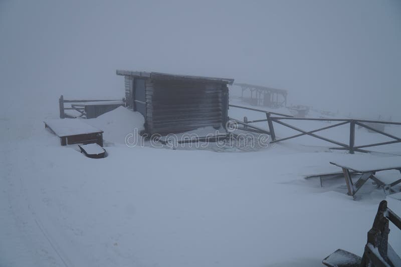 House on the Mountain in a Snow Blizzard. Carpathian Mountains. Stock ...