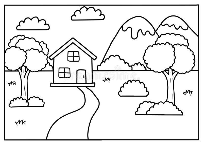 House with Nature View Vector Illustration with Outline Drawing Stock ...