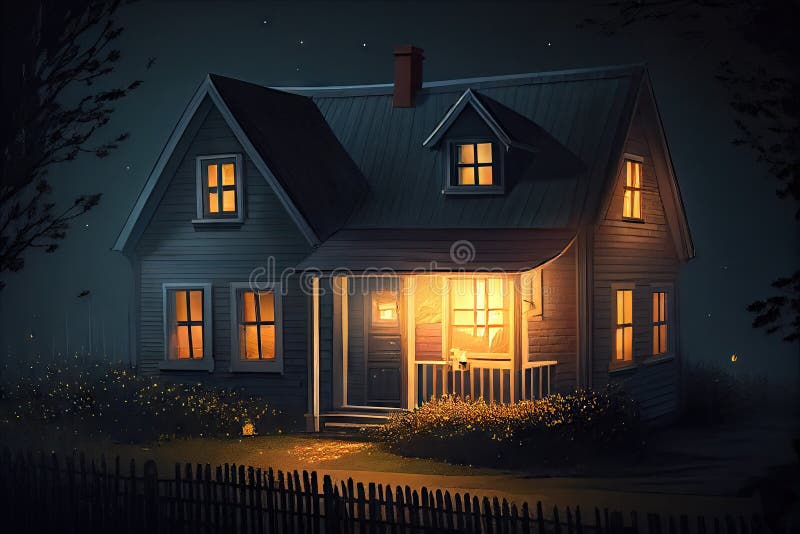 House at Night, with Lights on and Windows Shining, Giving Warm and ...