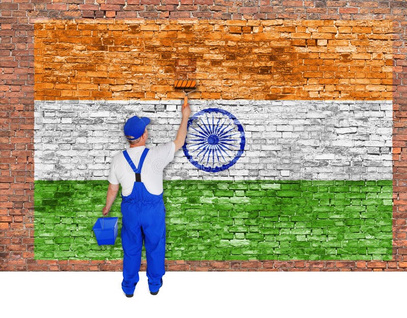 House Painter Covers Brick Wall with Flag of India Stock Image - Image ...