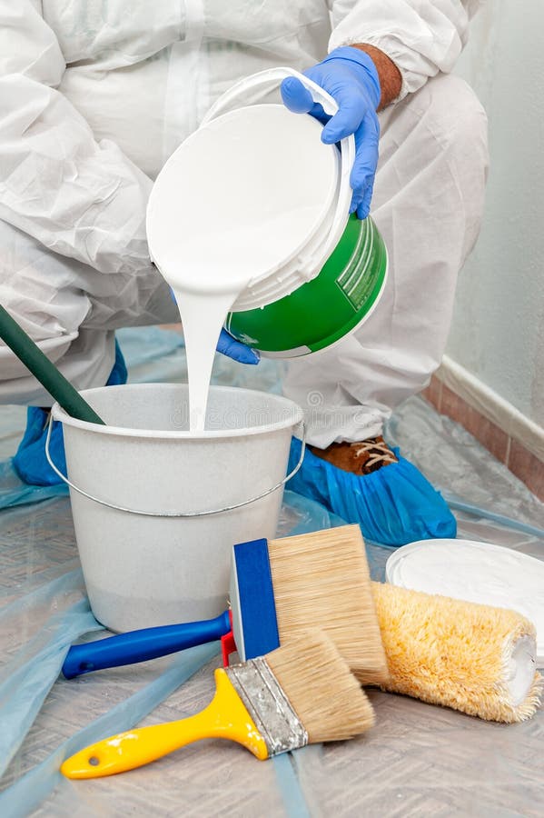 House Painter at Work Prepares White Paint Stock Photo - Image of ...