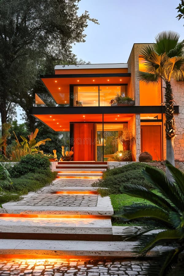 House with Pathway Leading To it that is Lit Up in the Evening ...