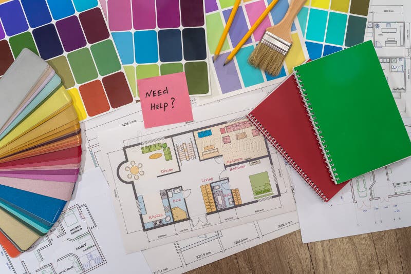 House Plan with Colour Swatches and `need Help` Text Stock Image ...