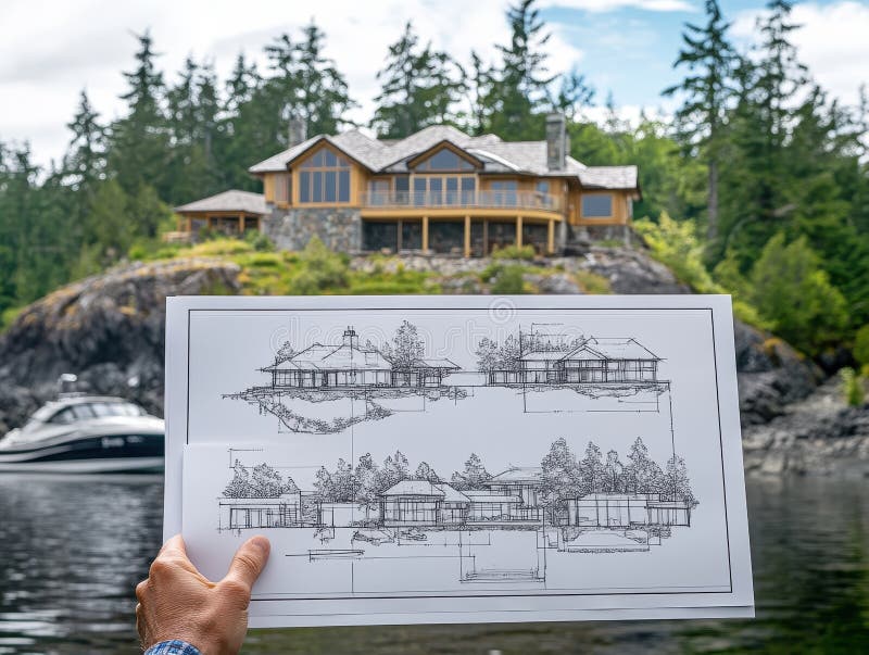 House Plan and Completed Lakeside Residence Stock Illustration ...