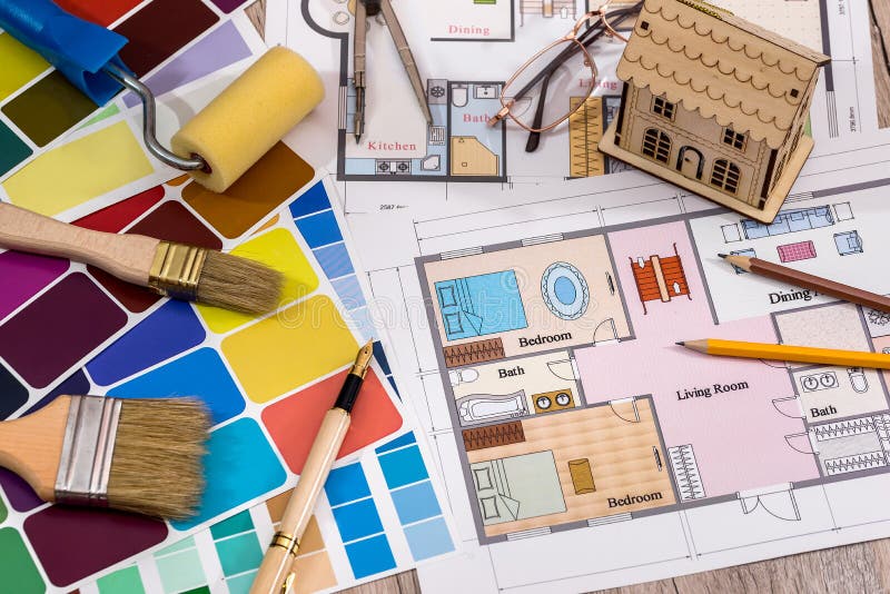 House Plan and Model with Different Tools. Stock Photo - Image of color ...