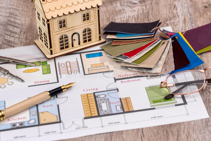 House Plan with House Model and Linoleum Sampler Stock Photo - Image of ...