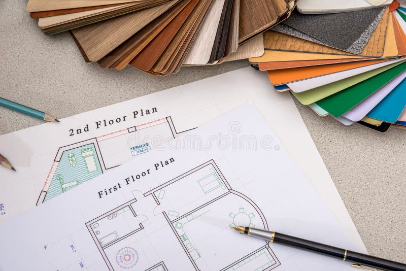 House Plan with Palette of Colors and Wooden Sampler Stock Photo ...
