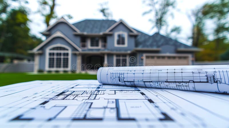 A House Plan with a Roll of Paper on Top Stock Image - Image of ...