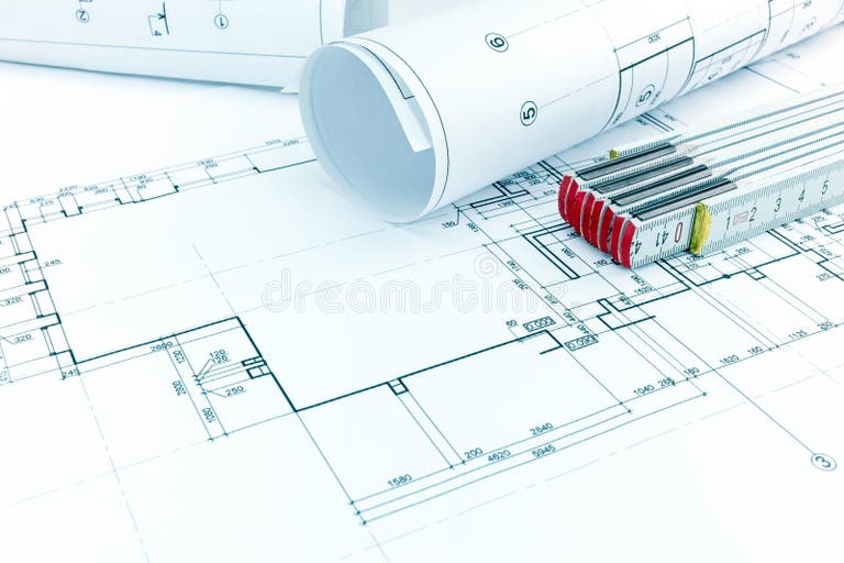House Plan, Rolls of Architect Blueprints and Folding Ruler on D Stock ...