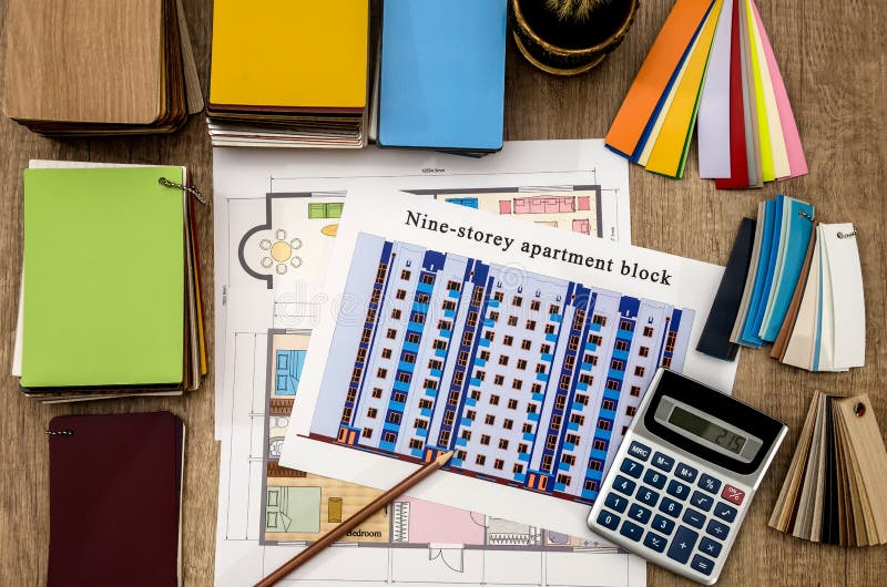 House Plan with Samples of Materials Stock Photo - Image of drawing ...