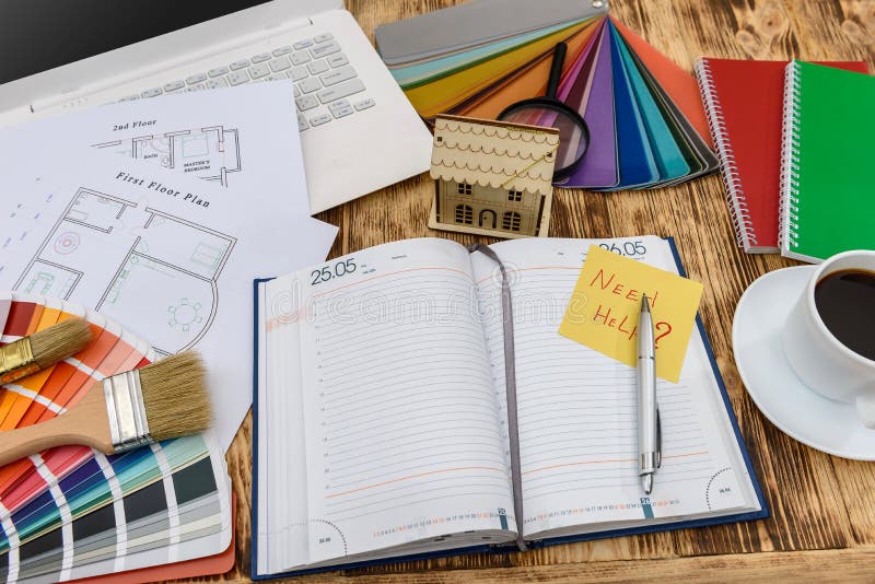 House Plan, Tools, Color Palette and Coffee Stock Image - Image of ...