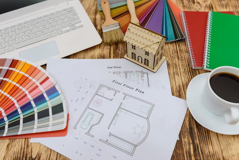 House Plan, Tools, Color Palette and Coffee Stock Image - Image of ...