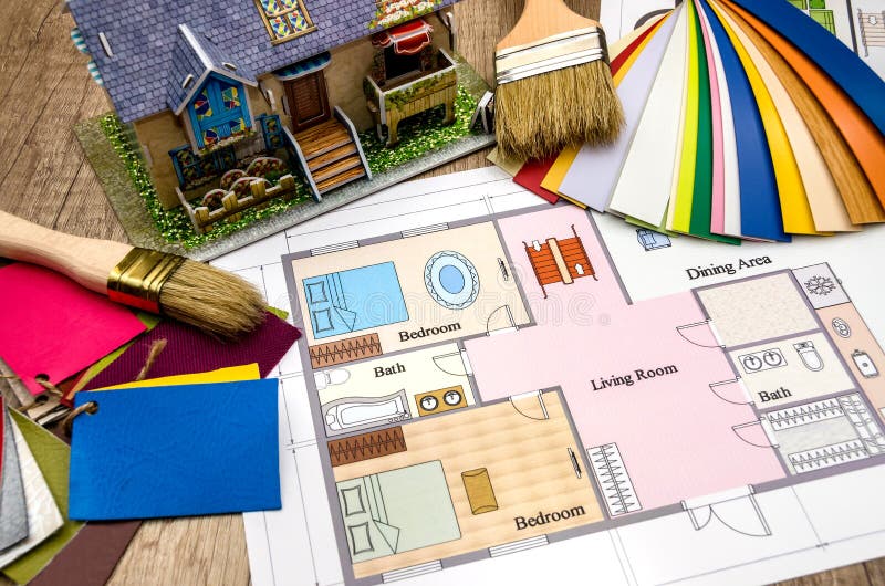 House Plan with Tools and Color Samples. Stock Image - Image of ...