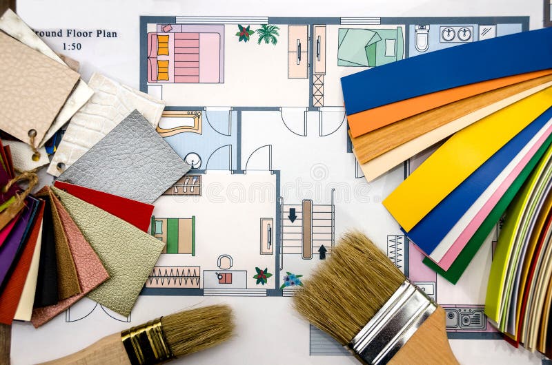 House Plan with Tools and Color Samples. Stock Image - Image of paper ...
