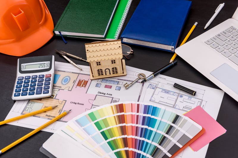 House Plan with Tools and Laptop on Workplace Stock Photo - Image of ...