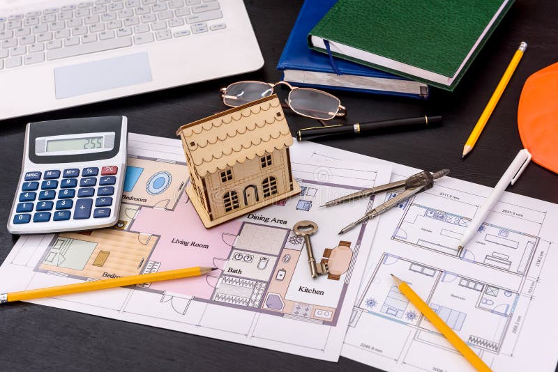 House Plan with Tools and Laptop on Workplace Stock Image - Image of ...