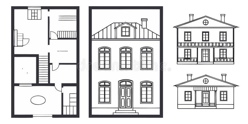 House Plans and Elevations Black and White on Transparent Background ...