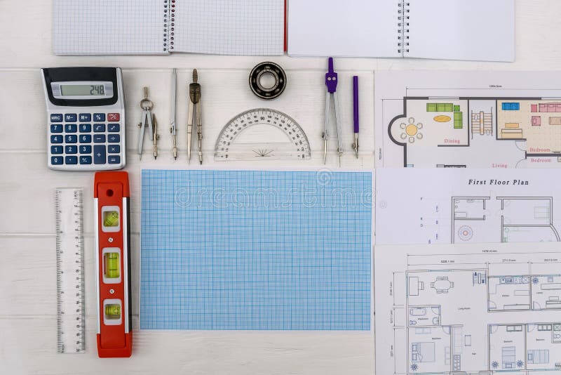 House Plans with Millimeter Paper and Drawing Tools Stock Image - Image ...