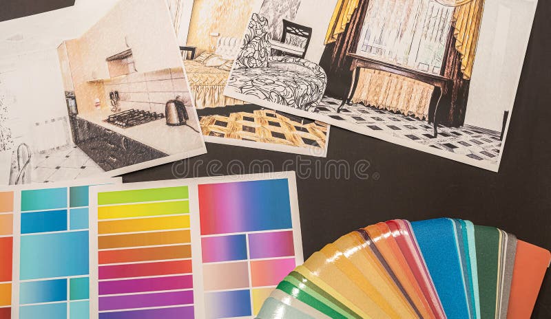 House Plans Project and Color Catalog Samples on Office Desk Stock ...