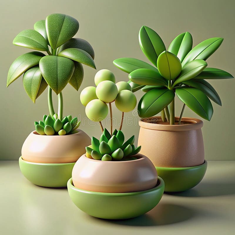 Cute Stylized Plants in Round Pots on Green Stock Illustration ...
