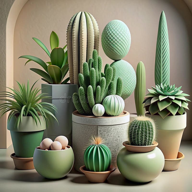Green Cacti and Succulents Still Life Arrangement Stock Photo - Image ...