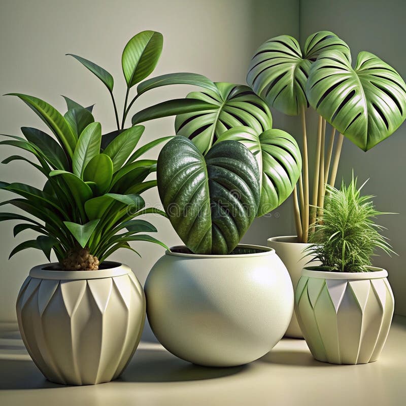 Stylish Indoor Plants in Neutral Colored Modern Pots Stock Illustration ...