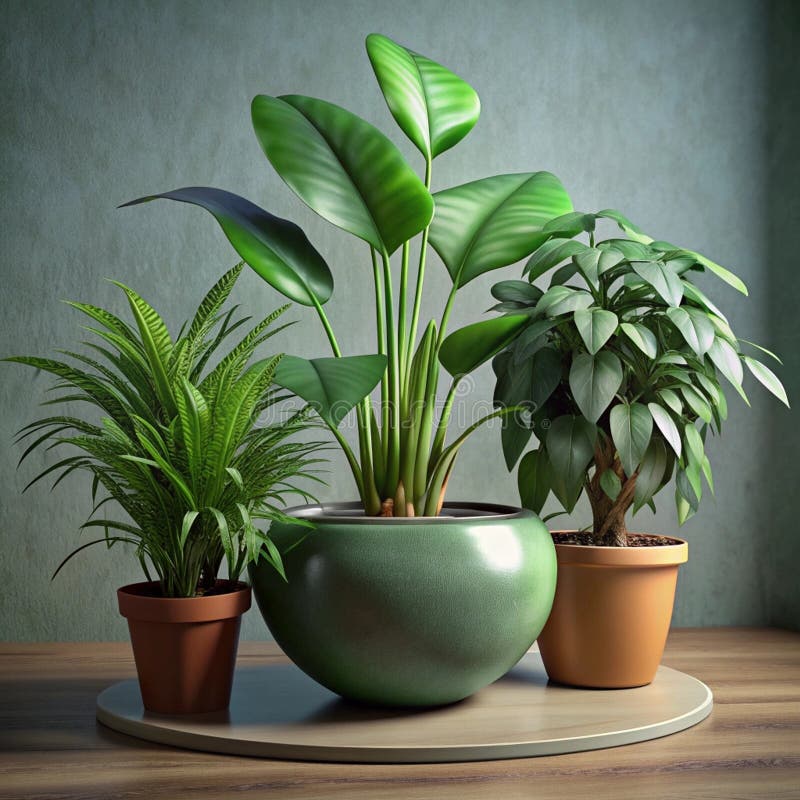 Three Indoor Plants in Pots on a Table Stock Photo - Image of studio ...