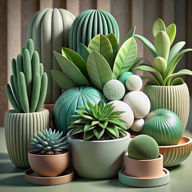 Stylized Succulent Plants in Modern Pots Green Tones Stock Illustration ...