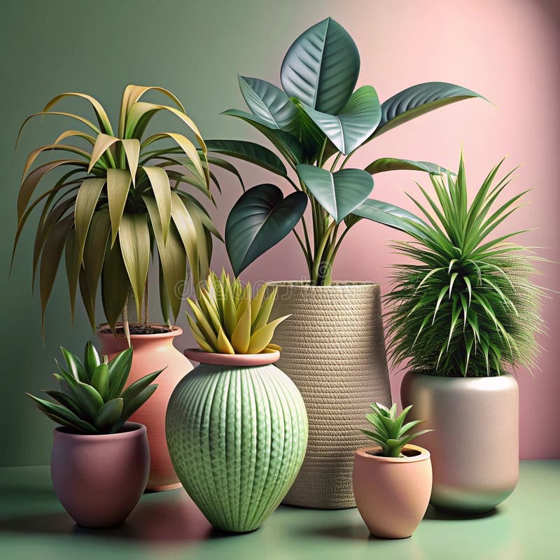 Indoor Plants Collection with Designer Pots on Studio Background Stock ...