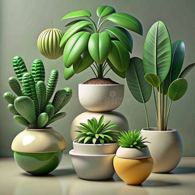 Stylized Potted Plants Neutral Background Indoor Decor Stock Photos ...