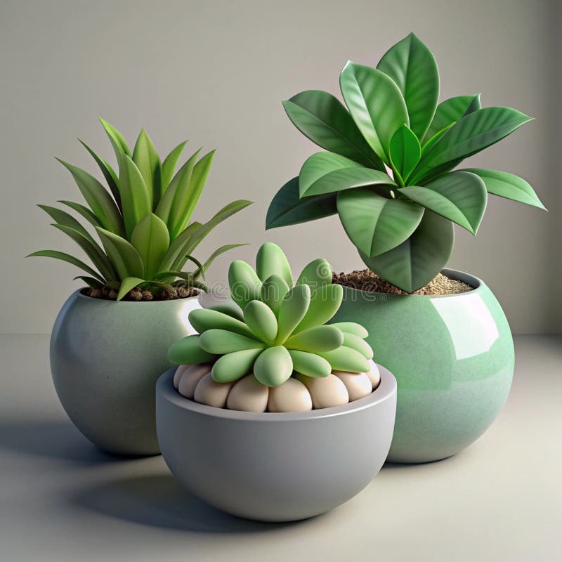 Three Potted Plants on Neutral Background, Minimalist Design Stock ...