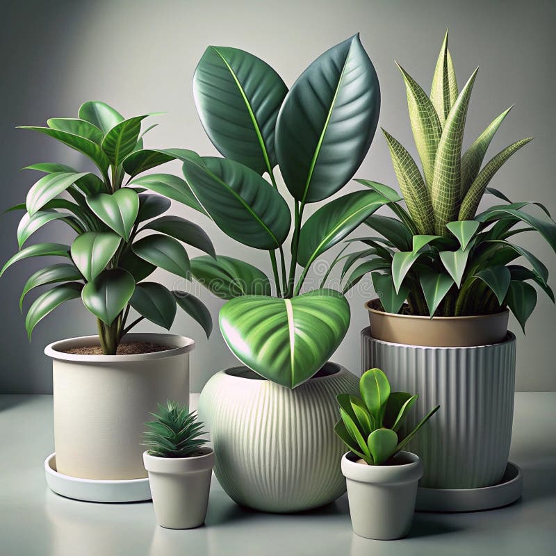 Green Potted Plants Arrangement on Grey Background Stock Photo - Image of plant, pots: 374908670