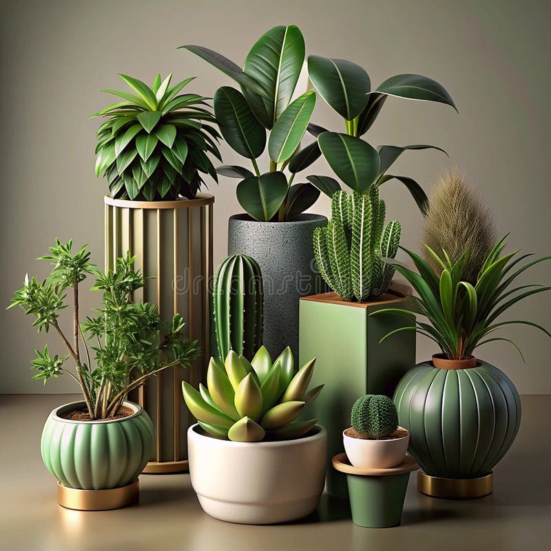 Elegant Indoor Plants Modern Pots Against Neutral Backdrop Stock Photos ...