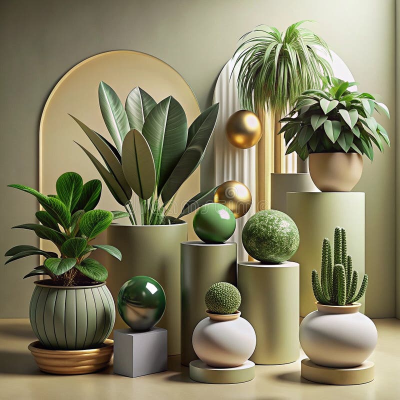 Elegant Indoor Plant Display in Earth Tones and Gold Stock Illustration ...