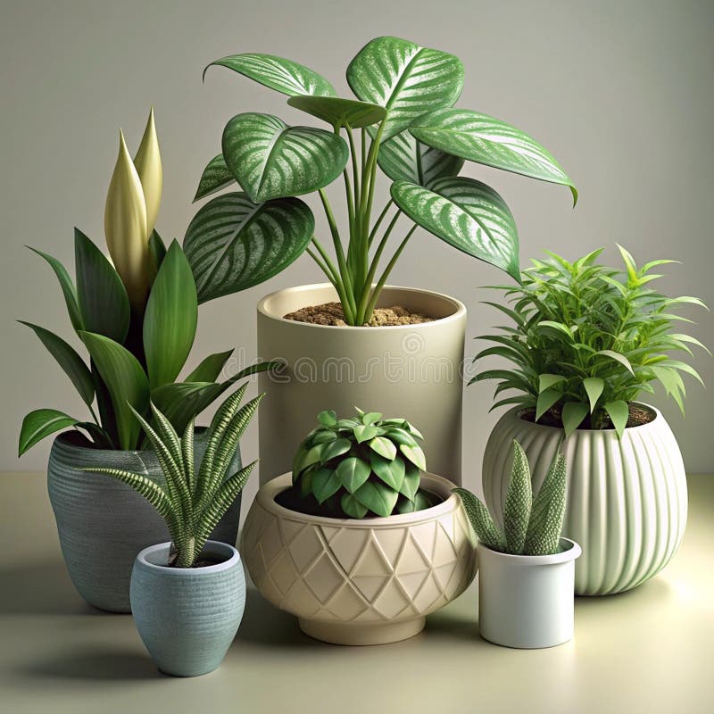 Collection of Potted Indoor Plants on a Neutral Background Stock Image ...