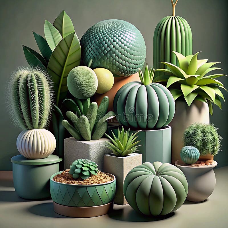 Stylized Green Plants and Cacti Still Life Composition Stock ...