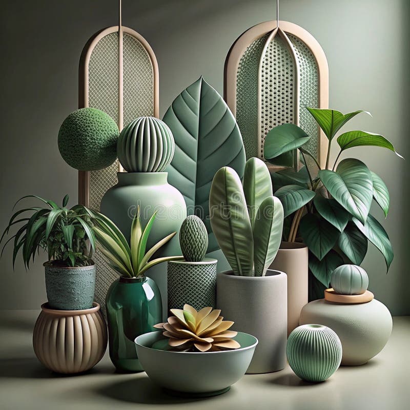 Elegant Indoor Plant Arrangement with Decorative Accents Stock ...