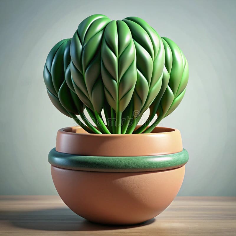 Stylized Green Houseplant in Clay Pot on Wood Surface Stock ...