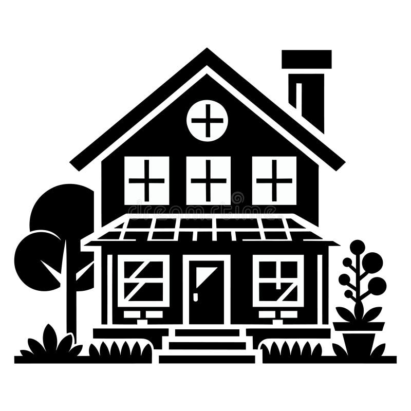 House with Plants Vector Silhouette Stock Vector - Illustration of ...