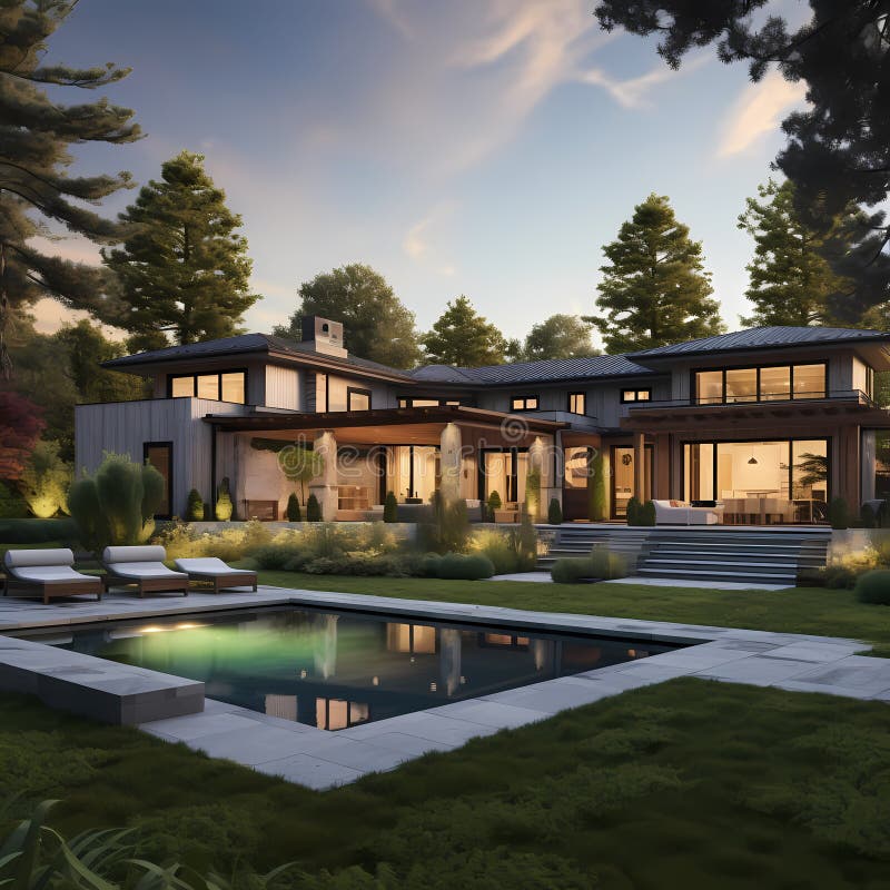 House with a Pool in the Back Stock Illustration - Illustration of lawn ...