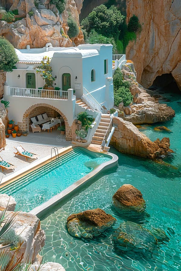 A House with a Pool and a Rocky Cliff Stock Image - Image of tree, home ...